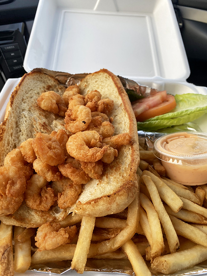 This po'boy isn't poor in flavor&mdash;golden fried shrimp spilling out of soft bread with crispy fries standing by for backup.