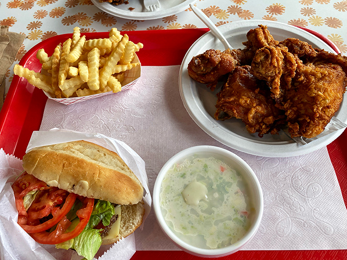 A feast fit for royalty: crispy chicken, crinkle-cut fries, a proper sandwich, and coleslaw that doesn't know it's a side dish.