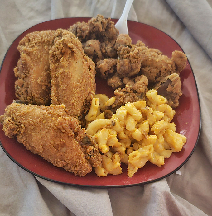 The holy trinity of comfort: perfectly fried chicken, mac and cheese, and a red plate that says "I'm not messing around with your hunger."