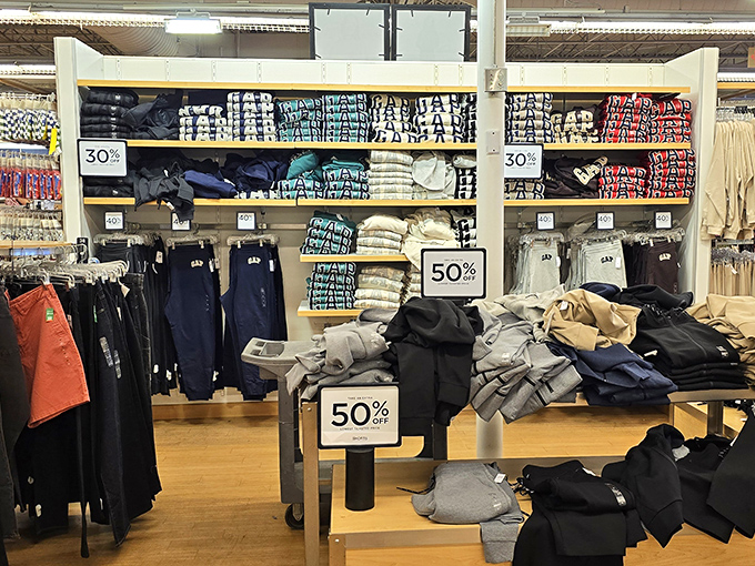Clothing organized with military precision and discounted with reckless abandon. The Gap outlet's "50% off" signs work better than caffeine for shopping motivation.