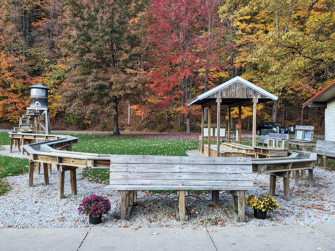 Fall's palette creates the perfect backdrop for this charming outdoor gathering space, where stories are shared and s'mores are inevitable.