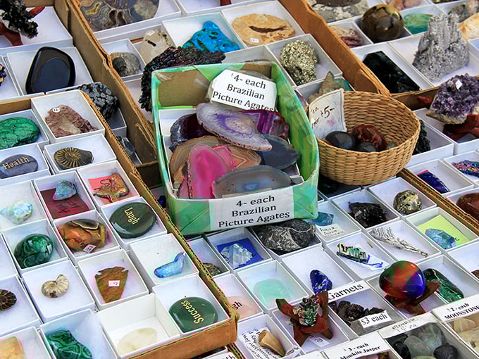 Nature's jewelry box spills its colorful secrets, each stone carrying millions of years of geological gossip.