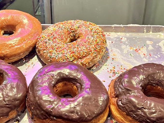 Sprinkles, chocolate, and classic glazed &ndash; the holy trinity of donut perfection arranged like edible jewelry under the shop's fluorescent glow.