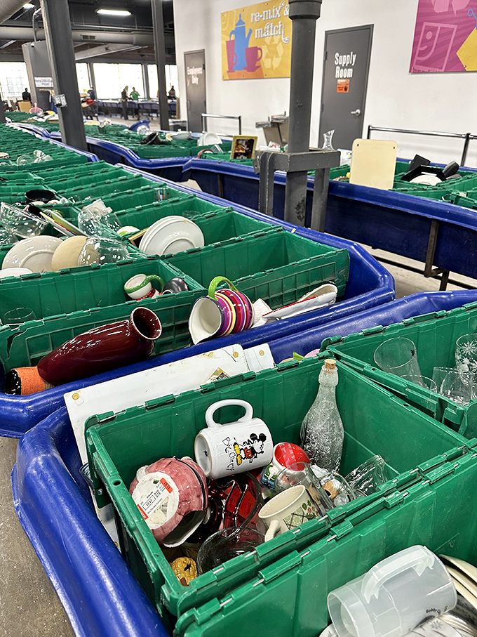 The dishware section resembles a museum of American domestic life. That Mickey Mouse mug might have once held someone's morning coffee before starting its second act.