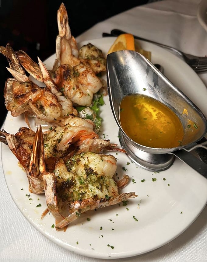 These prawns aren't just grilled&mdash;they're transformed into oceanic ambassadors of flavor, complete with their diplomatic pouch of butter sauce.