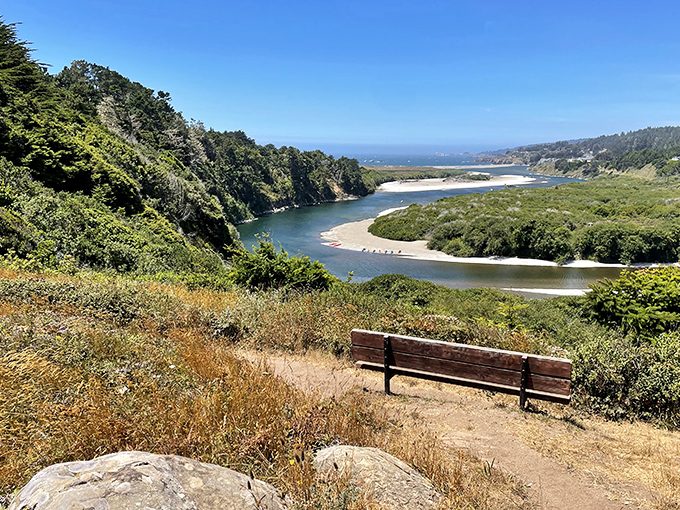 That bench isn't just offering a view &ndash; it's offering perspective. The Gualala River meets the Pacific in a dance as old as time.