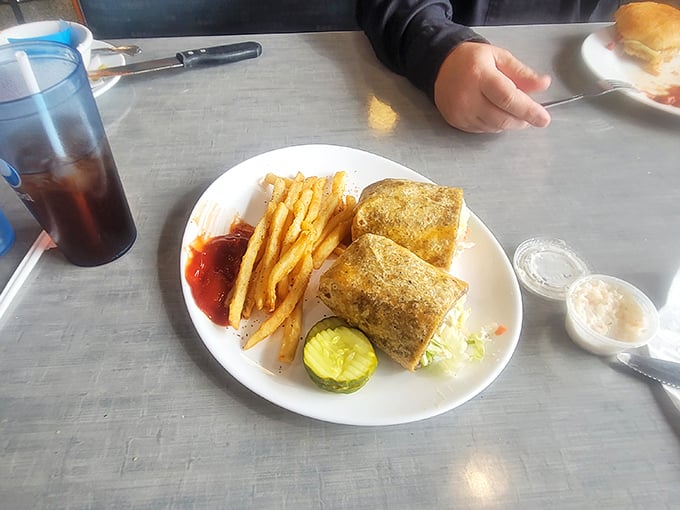 The gyro wrap arrives like a savory present, flanked by golden fries and a pickle spear that adds that perfect vinegary counterpoint.