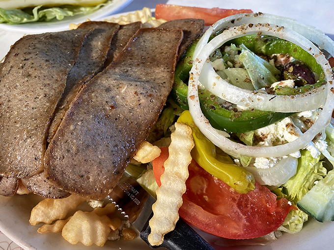 Gyros and Greek salad prove Twenty Four Hundred isn't just a breakfast joint. This thinly sliced meat with fresh veggies might just make you postpone your return to the office.