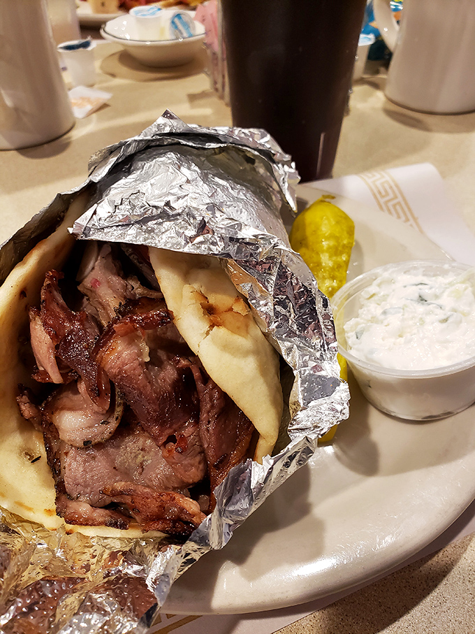 When Greek meets deli magic, you get this foil-wrapped bundle of Mediterranean joy and satisfaction.