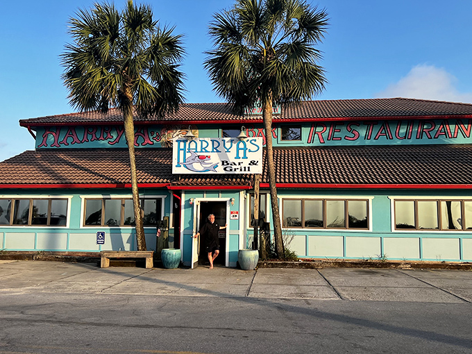 Harry A's colorful exterior promises exactly what it delivers: laid-back island vibes, cold drinks, and seafood fresh from nearby waters.