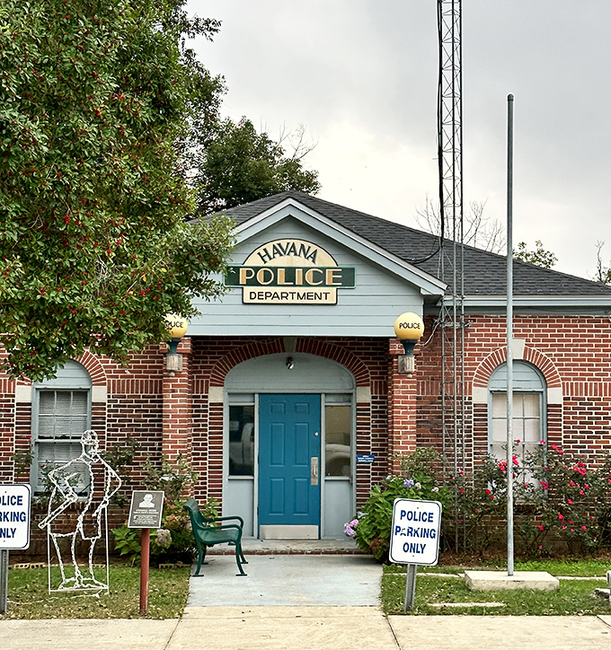 Even the police station has character! Complete with a skeleton officer on duty&mdash;proof that small-town law enforcement keeps its sense of humor.