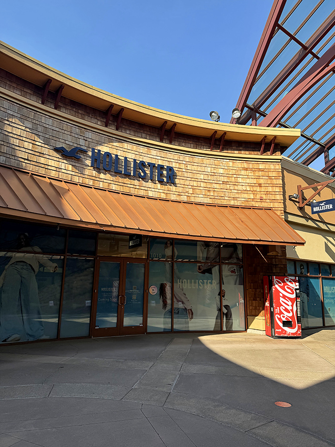 Hollister's beach-inspired aesthetic gets a Pacific Northwest makeover with cedar shingles and copper accents. California cool meets Oregon craftsmanship.