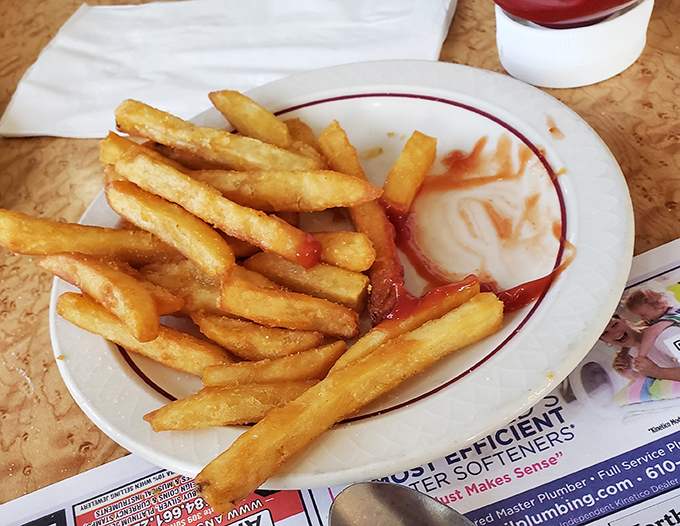 Golden, crispy fries that somehow maintain their crunch throughout your meal. The ketchup is merely a suggestion, not a requirement.