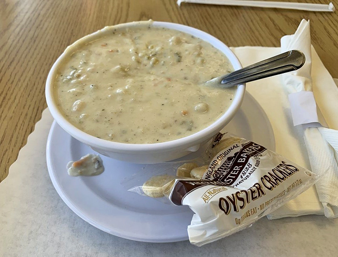 Creamy clam chowder so thick your spoon could practically stand up and salute the chef.