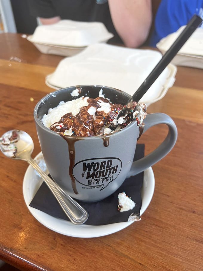 Hot chocolate that requires a commitment. This isn't a beverage&mdash;it's dessert in disguise, complete with whipped cream islands slowly sinking into chocolatey bliss.