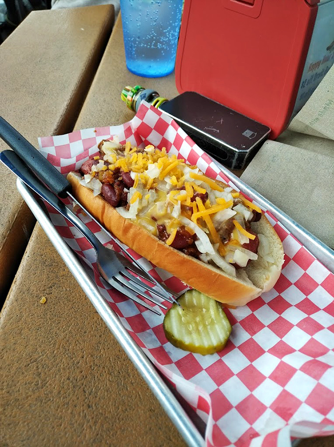 Not just any hot dog—this loaded beauty comes dressed to impress with cheese, onions, and a pickle sidekick for moral support.