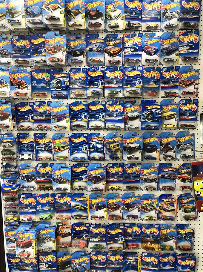 Hot Wheels heaven! Each tiny car represents some kid's dream ride from decades past, now preserved in their original packaging like automotive time capsules.