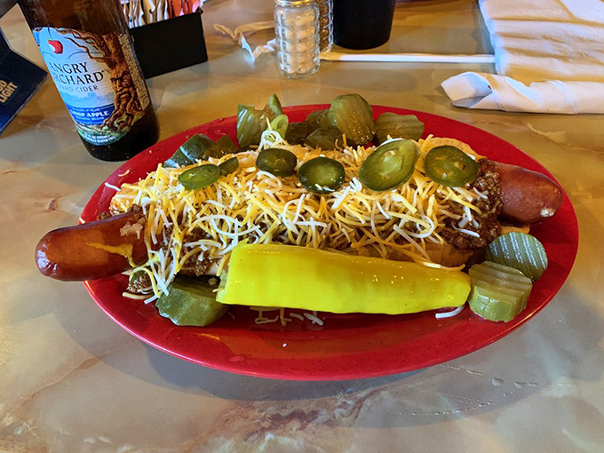 Not just any hot dog&mdash;a Hungarian hot dog topped with chili, cheese, and pickles. This is what hot dogs dream of becoming when they grow up.
