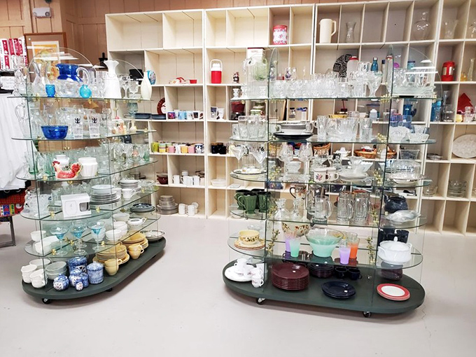 Crystal, china, and glassware displayed like a museum of domestic history &ndash; each piece waiting for its second act.