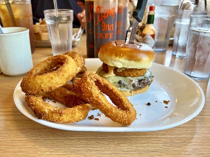 The perfect burger-to-onion-ring ratio exists, and it's right here&mdash;a juicy patty and golden rings that make you wonder why you'd eat anything else.
