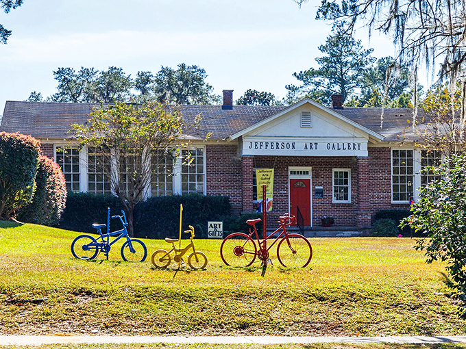 Art finds its home in unexpected places. The Jefferson Arts Gallery's colorful bicycle display announces its creative mission before you even step inside.