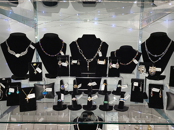 A jewelry display that would make Elizabeth Taylor pause mid-sentence. Those necklaces aren't just accessories&mdash;they're wearable time machines to more glamorous eras.