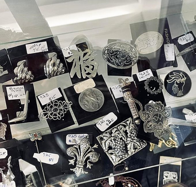 Vintage brooches and statement pieces that whisper stories of elegant dinner parties and glamorous nights from decades past.