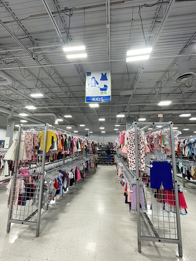 The kids' section &ndash; a rainbow road of tiny fashions where parents can outfit growing children without requiring a second mortgage.