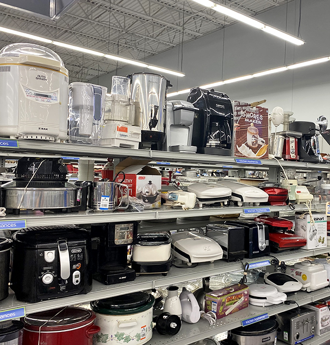 The kitchen gadget graveyard where bread machines and juicers find their second acts. Someone's abandoned New Year's resolution becomes your culinary adventure! 