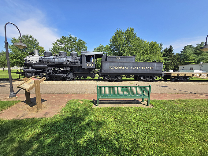 All aboard memory lane! This preserved locomotive from the Kokosing Gap Trail stands as a steel testament to the region's railroad heritage.