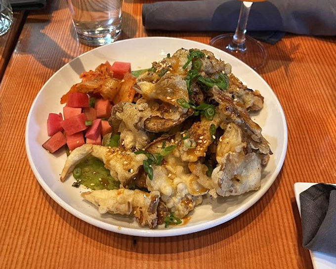 Korean Fried Mushrooms that could convert even the most dedicated carnivore, complete with colorful watermelon cubes for a refreshing counterpoint.