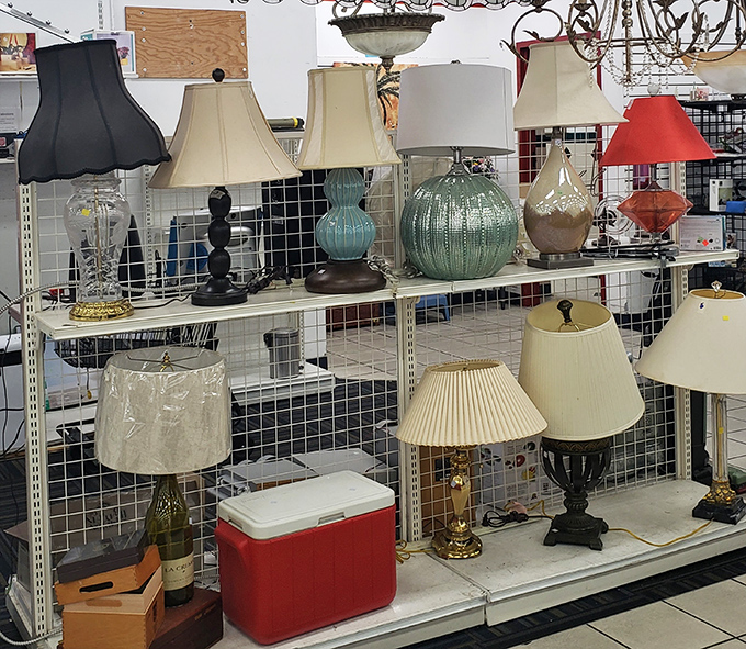 The lamp section glows with potential, from elegant turquoise ceramics to classic brass. That red cooler below is ready for its beach retirement.