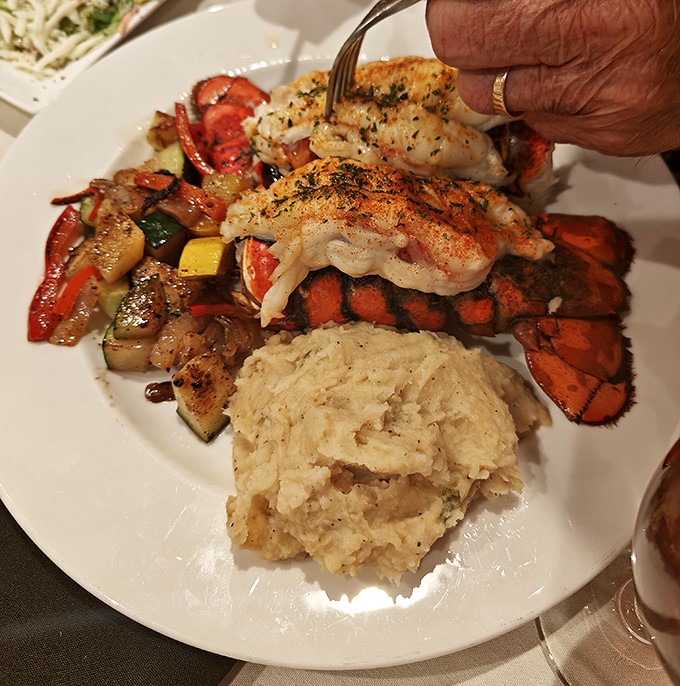 Lobster that makes you wonder why you don't live by the ocean. Served with drawn butter and surrounded by vegetables that aren't just afterthoughts.