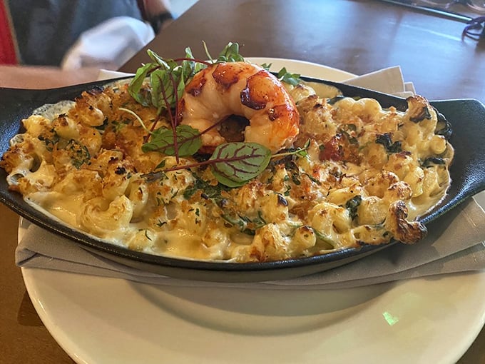 Lobster Mac & Cheese that makes you question every other version you've ever had—crowned with a perfectly cooked shrimp like the cherry on a sundae.