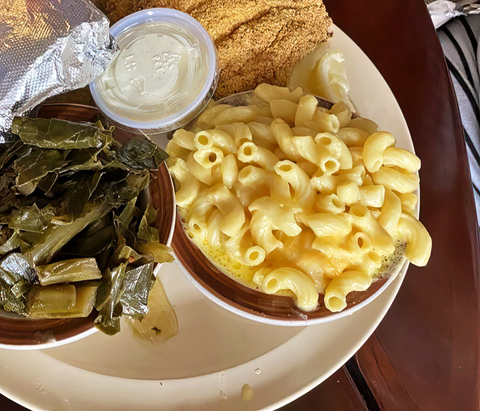 Mac and cheese that would make your grandmother both jealous and proud. Those collard greens? The perfect tangy counterpoint to all that creamy goodness.