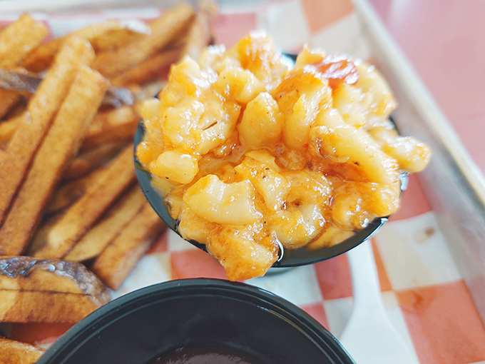Mac and cheese that doesn't mess around&mdash;each creamy, golden bite is a cheese-pull waiting to happen. Comfort food elevated to art form.