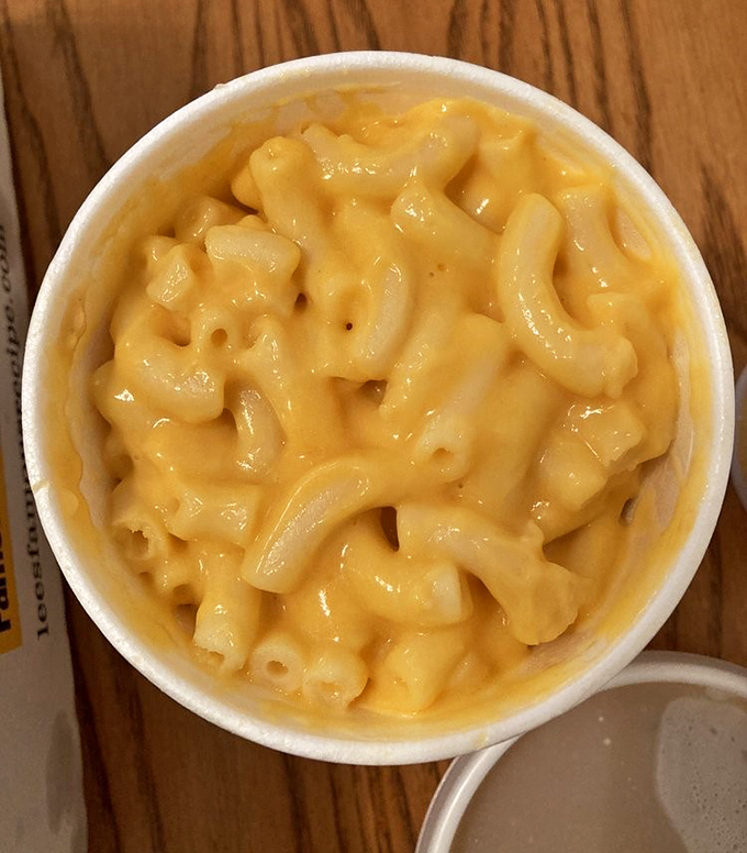 Mac and cheese so gloriously yellow and creamy, it could make a grown adult weep with nostalgic joy. Comfort in a cup.