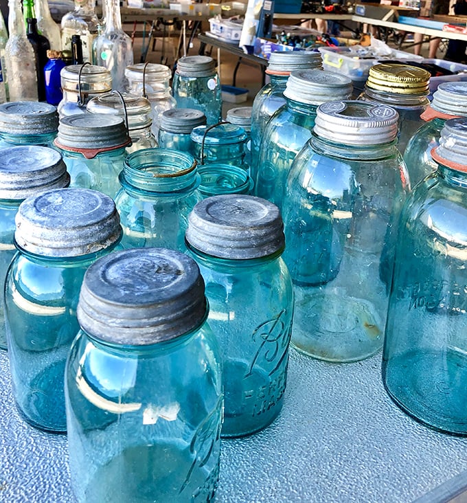 Blue Ball and Mason jars line up like aquatic soldiers, their azure glass catching the light. Collectors and crafters alike gravitate to these nostalgic vessels of Americana.