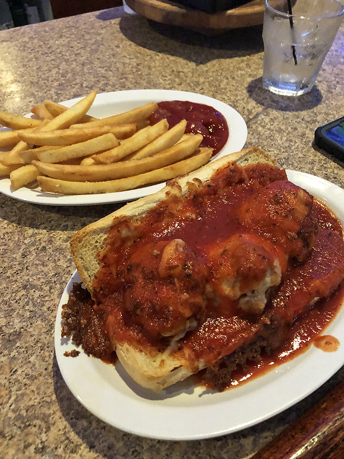 This meatball sub isn't messing around &ndash; it's the kind of sandwich that requires both hands, several napkins, and absolutely no first-date nerves.