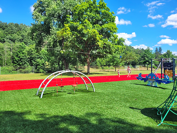 Memorial Park's playground pops with vibrant colors against lush greenery, proving retirement-friendly towns still know how to keep the grandkids entertained.