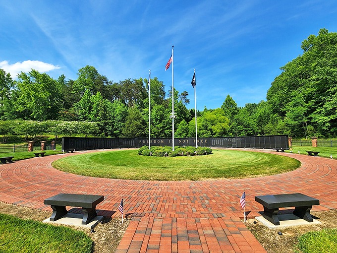 Memorial Park provides a peaceful place for reflection, with brick pathways gentle enough for knees that have seen a few decades of service.