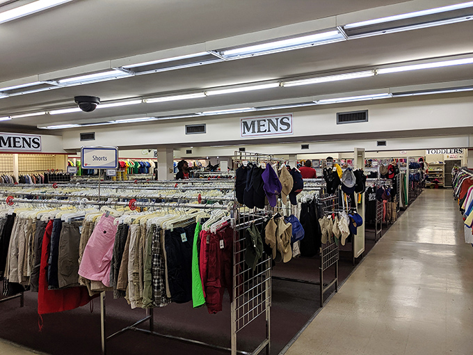 The men's department: where dress shirts that once attended important meetings now wait for their second career in your wardrobe.