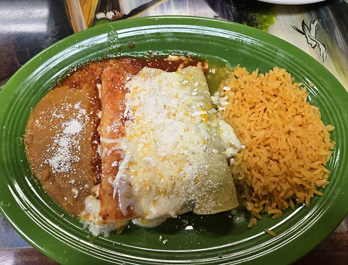 Enchiladas bathed in rich sauce, dusted with cheese, and flanked by perfectly seasoned rice. The holy trinity of Mexican comfort food on a vibrant plate.