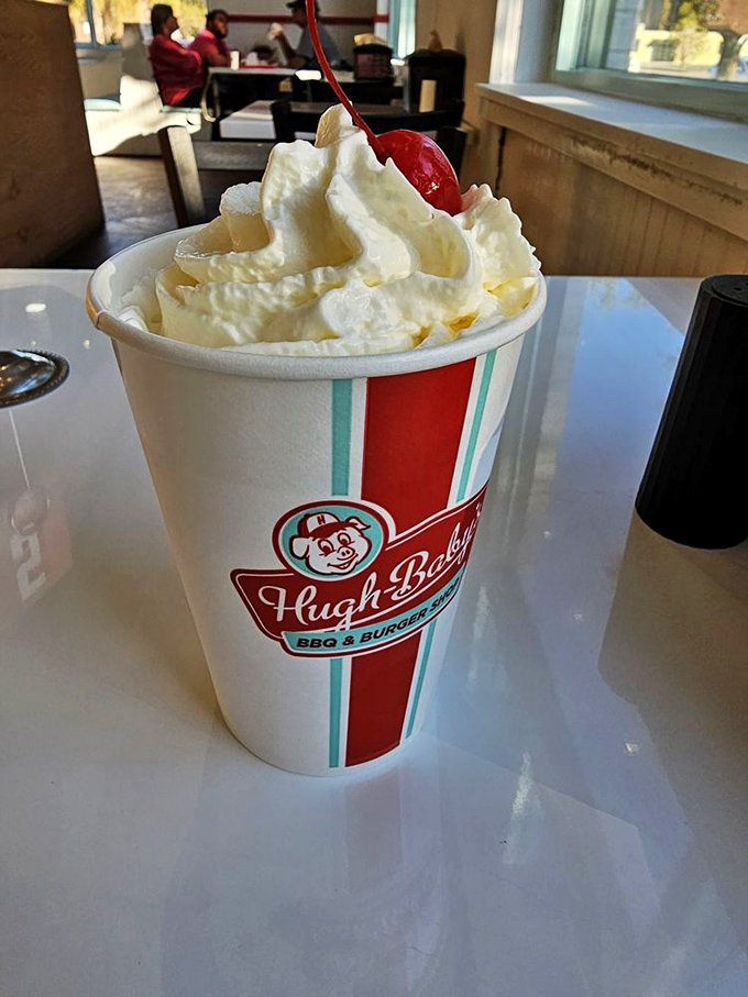 A milkshake so thick the cherry on top needs mountain-climbing gear to reach the summit of that glorious whipped cream peak.
