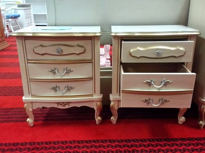 Twin nightstands with personality to spare. The kind of French Provincial charm that makes bedrooms feel like boutique hotels.