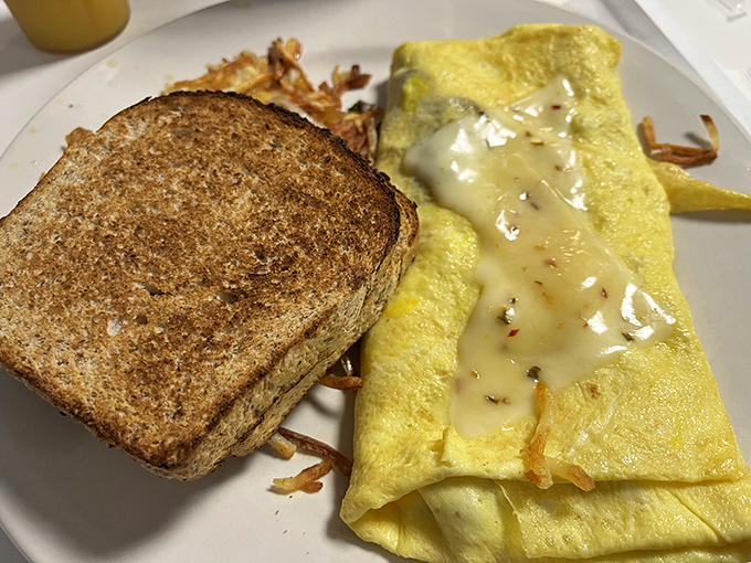 This isn't just an omelet&mdash;it's breakfast architecture. Perfectly folded eggs draped in melted cheese with crispy toast standing guard nearby.