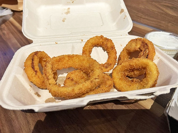 Golden onion rings that could make a grown person weep with joy.