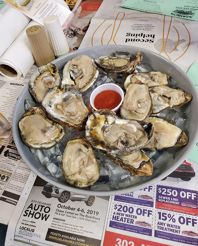 These plump oysters on the half shell are like little gifts from the sea, waiting to be enjoyed with just a squeeze of lemon and a dab of cocktail sauce.