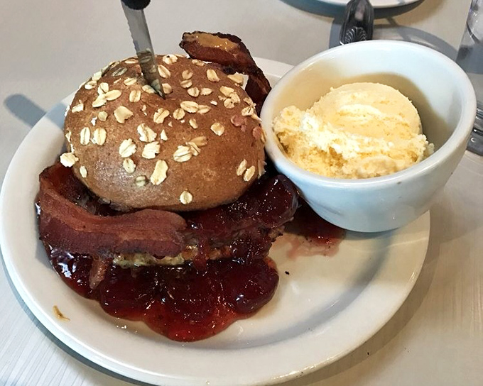 The PB&J Burger – where childhood nostalgia meets adult indulgence. That scoop of ice cream on the side isn't judging you, it's encouraging you.