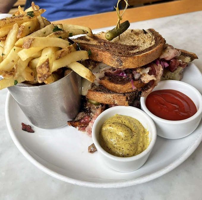 The patty melt that launched a thousand cravings. Marble rye embraces pastrami and melted cheese in a sandwich that means business.